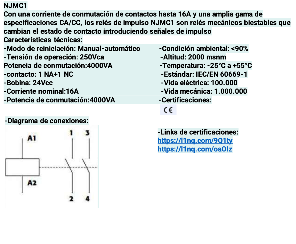 Relé Biestable CHINT NJMC1-16-1P 24Vdc 16A 1NA/1NC – Código 05047011CH ...